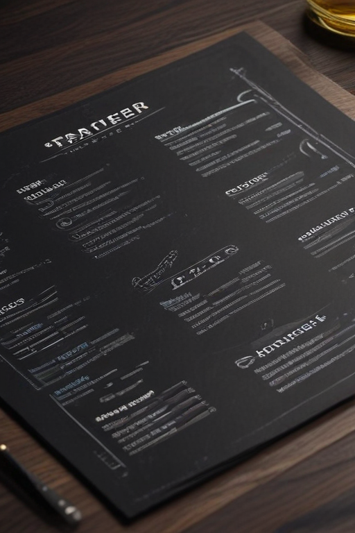Elegant Black Menu Displaying a Variety of Culinary Offerings and Drinks