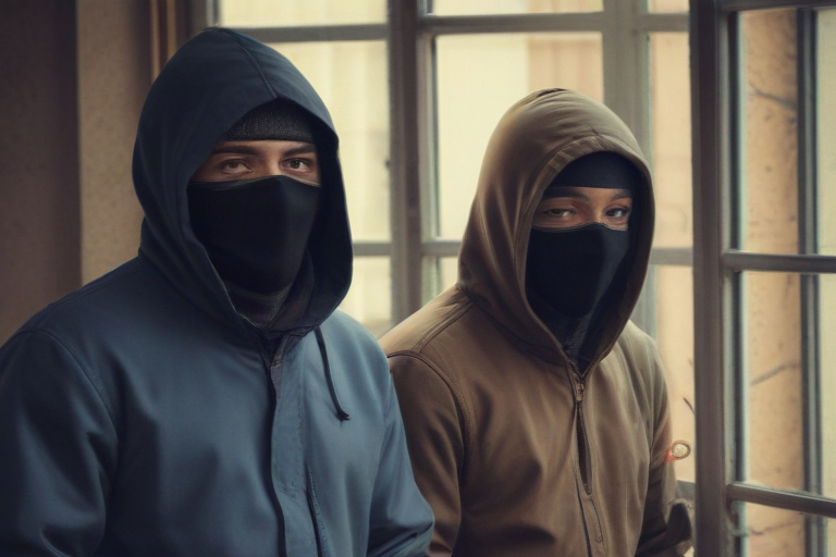two thiefs, they have ski masks, one is standing in the shoulders of ...