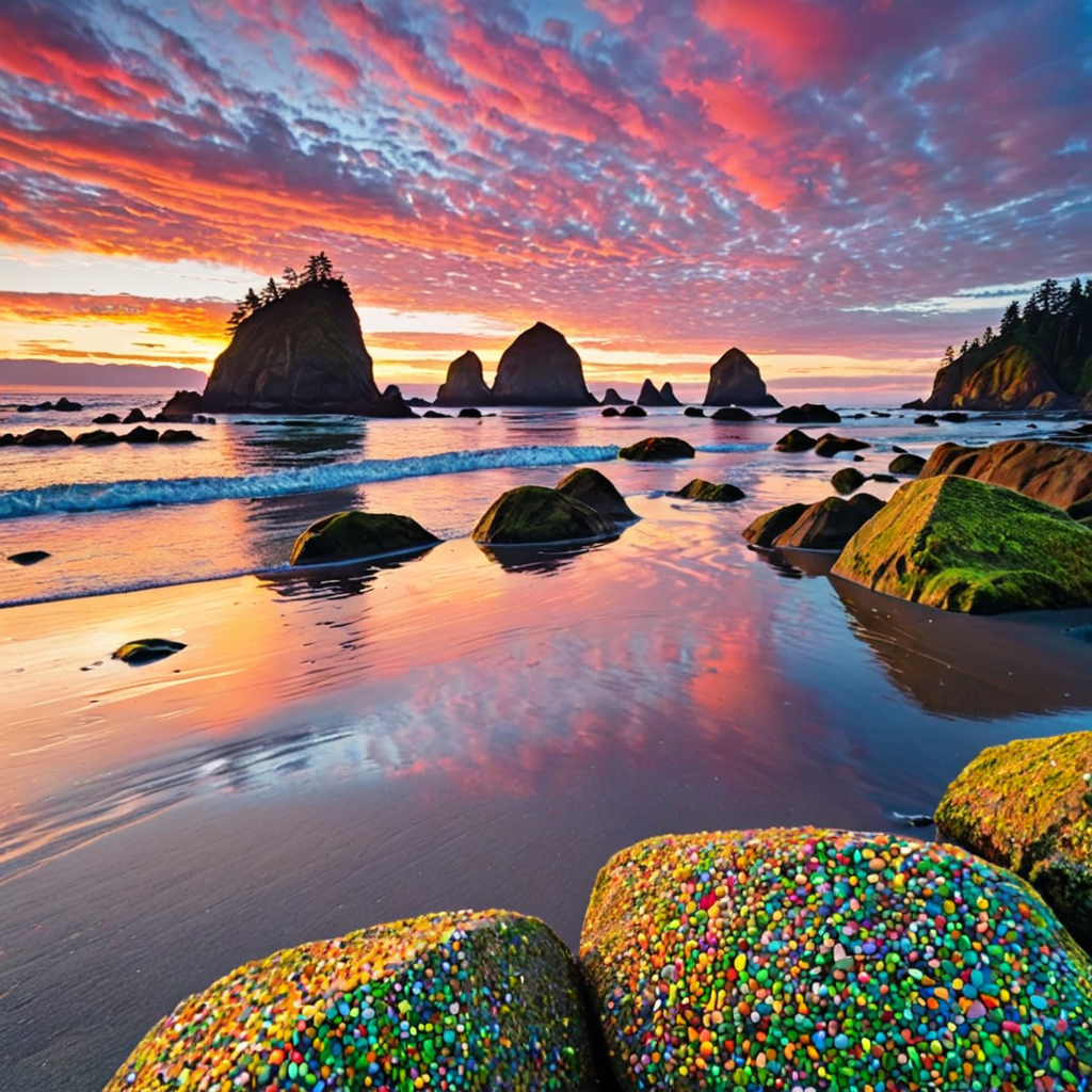 a stony pacific northwest beach with haystack rocks and a bright ...
