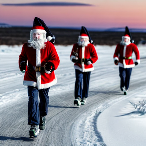 santa with elves and reindeer exercising in north pole