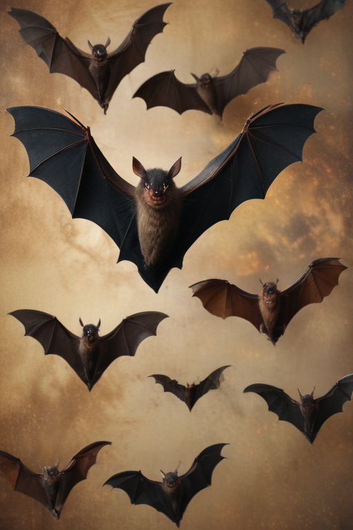 Swarm of Bats in Flight Against a Mysterious Golden Background