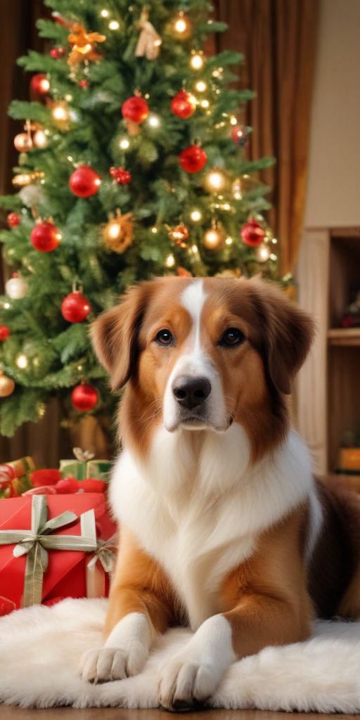 Festive Holiday Scene Featuring a Dog in Front of a Christmas Tree