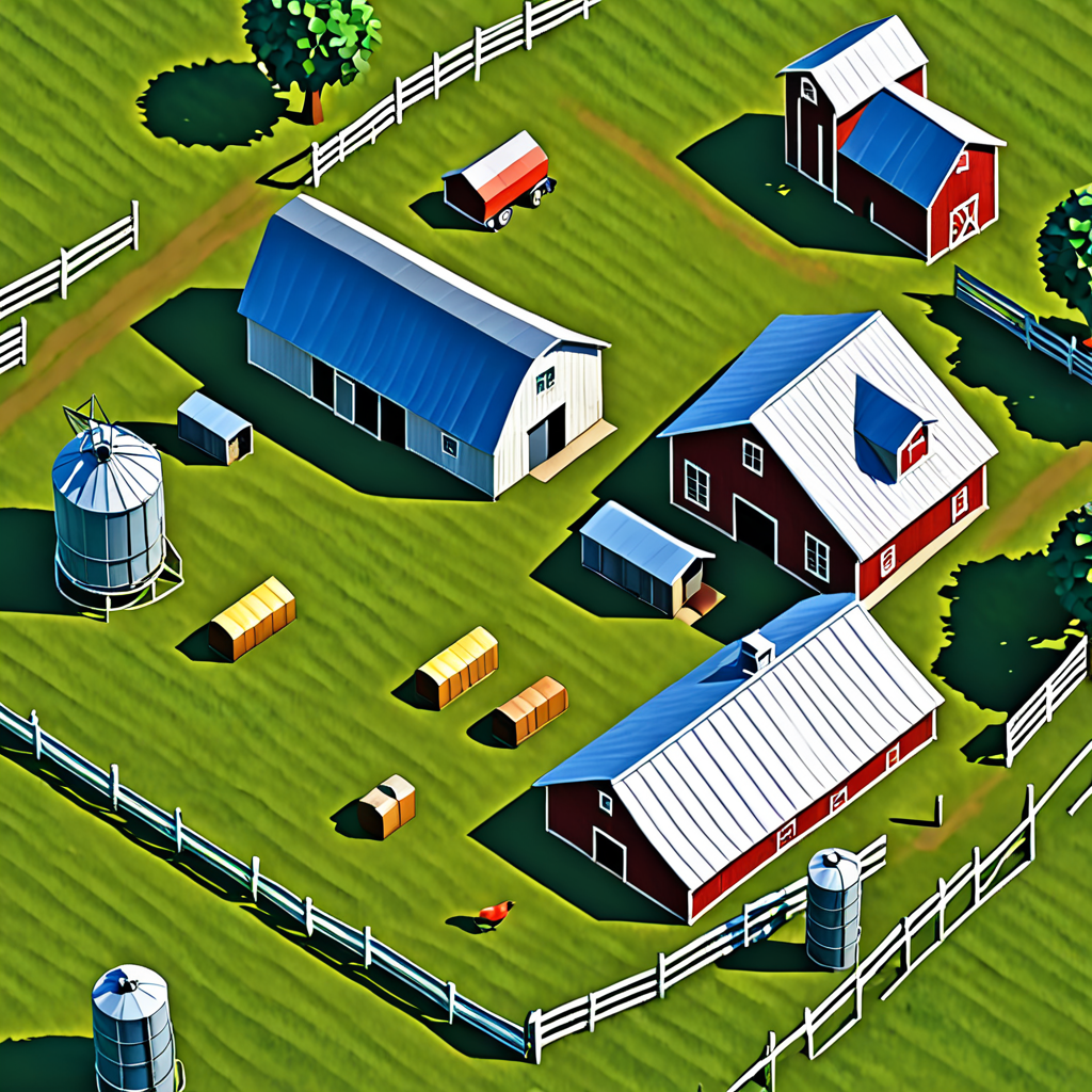farm, birds eye view, barn, house, open area, silo, house, low poly
