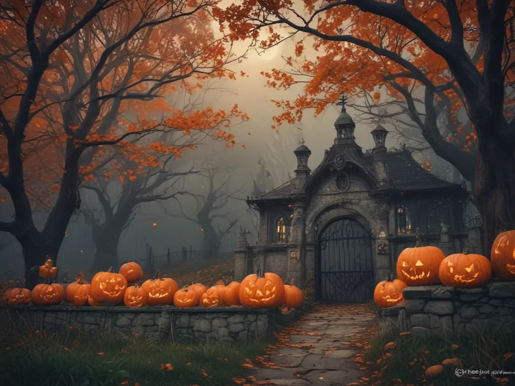 Spooky Halloween Scene with Glowing Pumpkins and Enchanted Autumn Forest