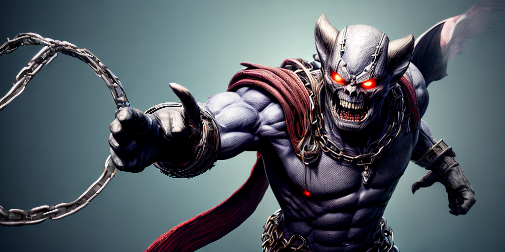 A frightening monster, lifted by chains, with a hideous smile ...