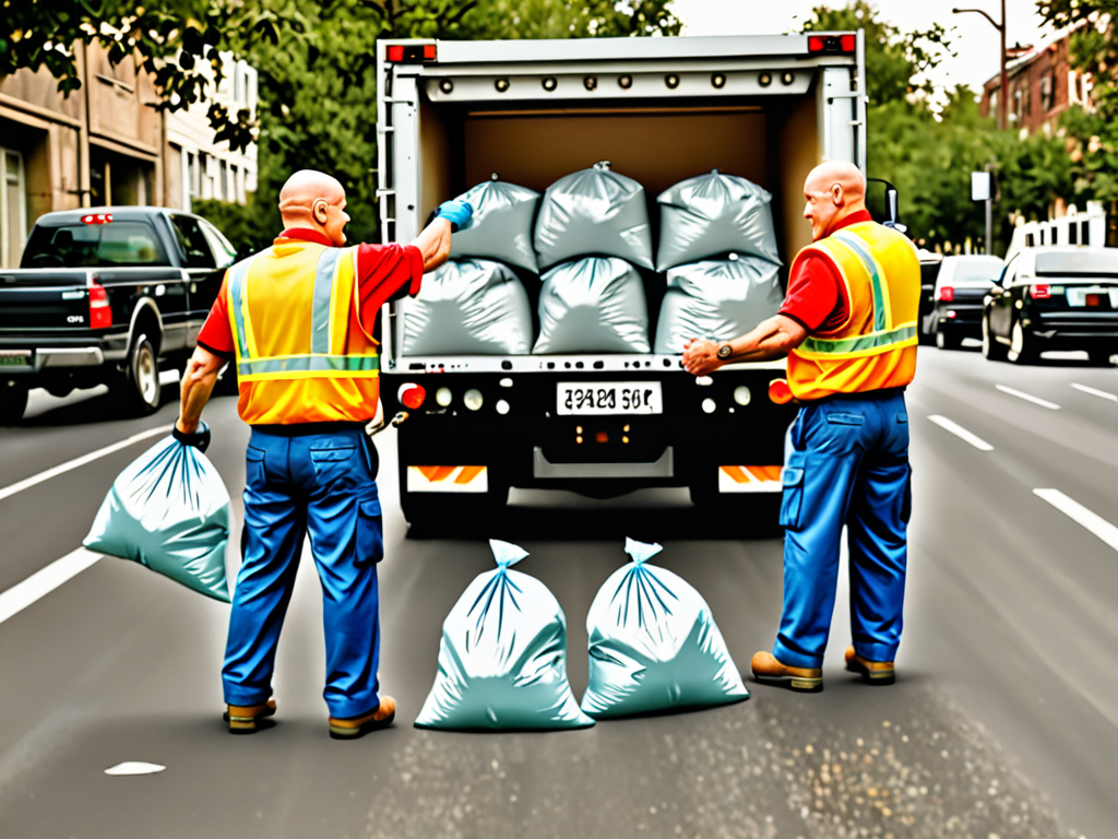 2 realistic handsome older bald muscular garbagemen from behind ...