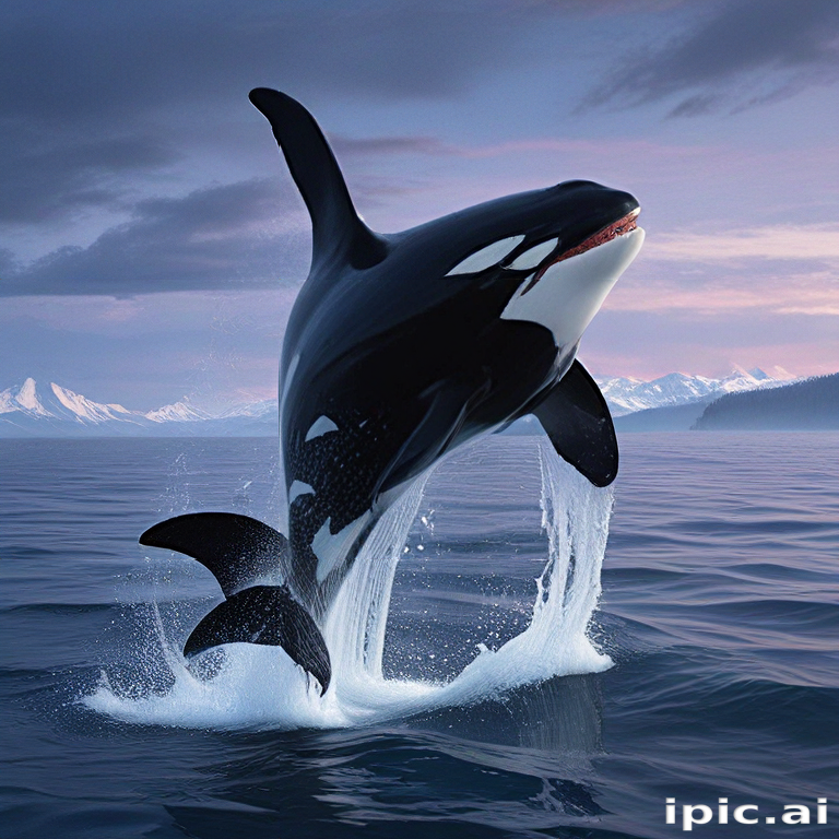 Majestic Orca Breaching the Ocean Surface Against a Stunning Backdrop