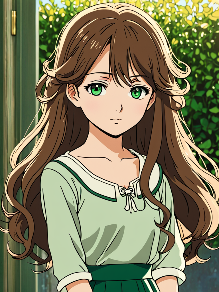 girl, manga, ghibli, cute, anime, long curly brown hair, dark green ...