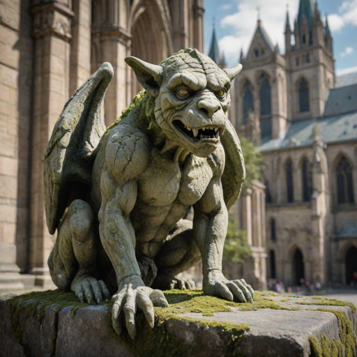 Intricate Stone Gargoyle Perched on Cathedral, Overlooking an Ancient ...