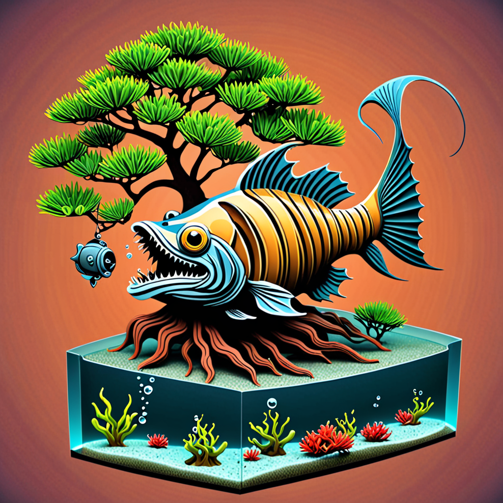 Cartoon angler fish eating a bonsai tree in the depths of the sea