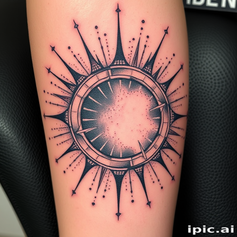 Intricate Black and Gray Sunburst Tattoo Design with Radiating Points