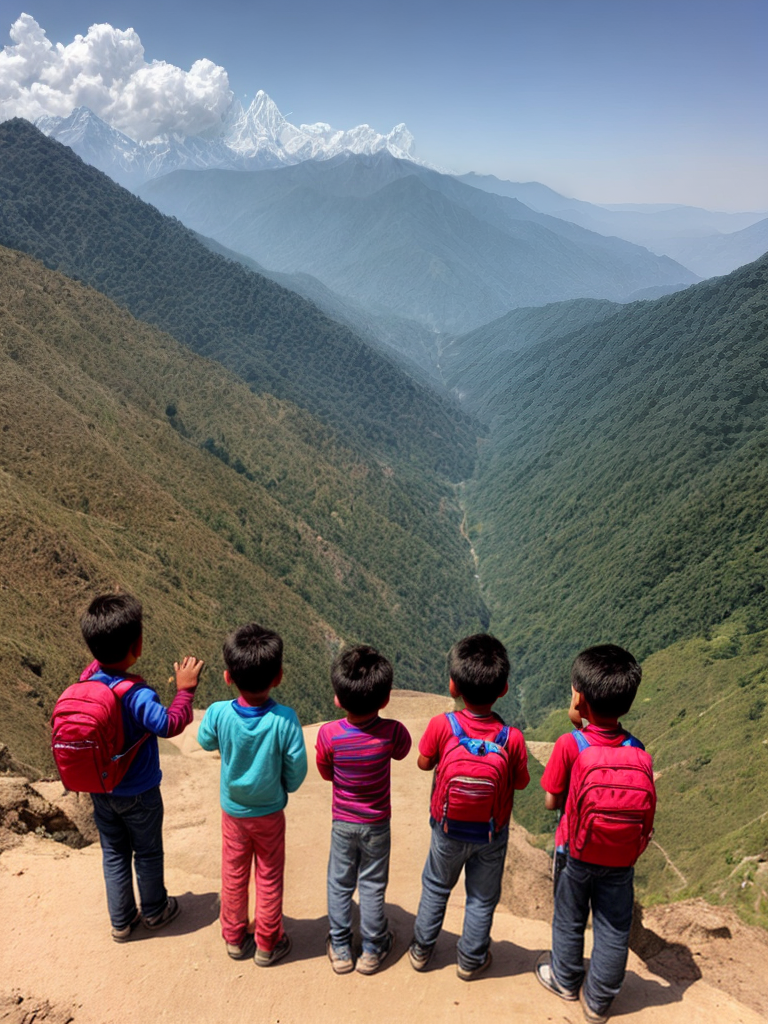 nepali kids enjoying airplane in sky view