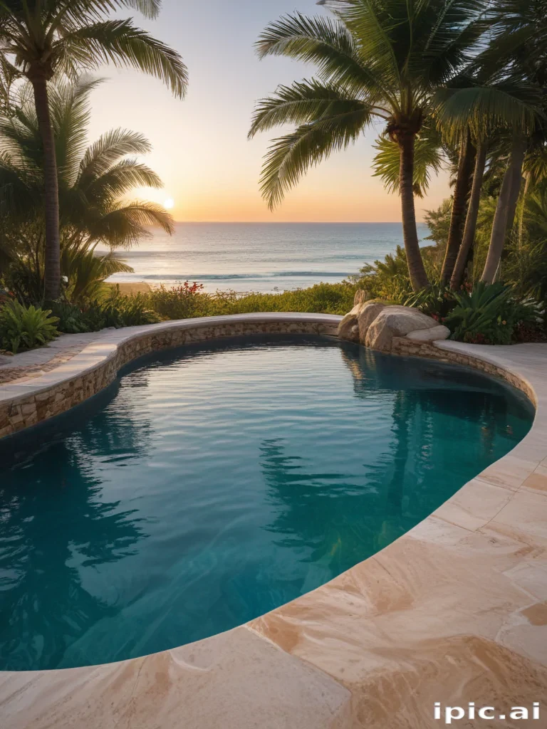 Serene Sunset View Over a Tranquil Pool Surrounded by Lush Palm Trees