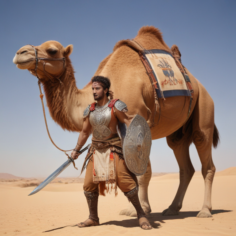 Warrior with sword and shield with a camel in the picture. Will be used ...