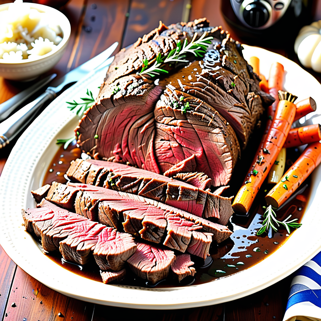 Deliciously Sliced Roast Beef Served with Fresh Carrots and Gravy