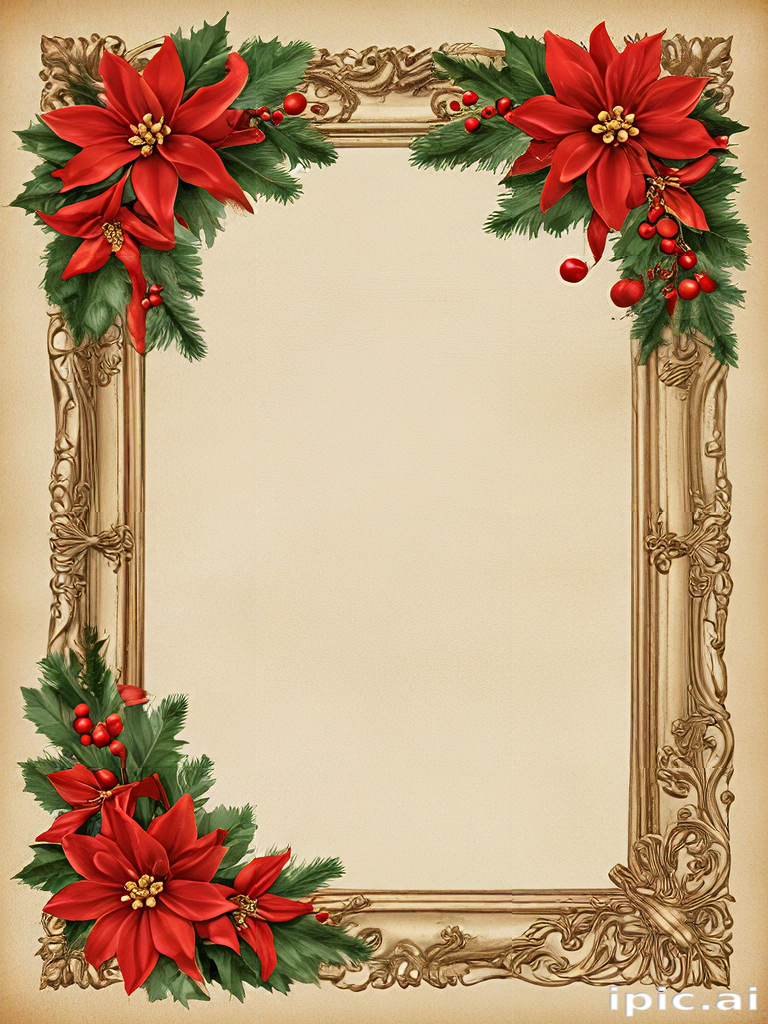 Elegant Holiday Frame Adorned with Red Poinsettias and Evergreen Decorations
