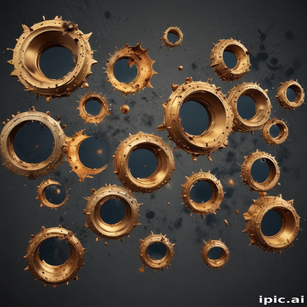 Floating Metallic Rings with Spikes Against a Dark Background in Space