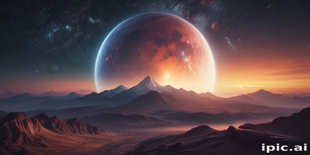 Stunning Cosmic Landscape with Majestic Mountains and a Glowing Planet