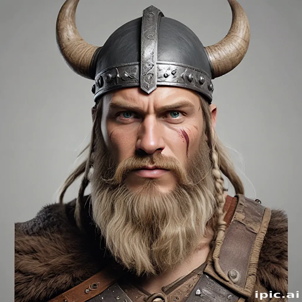 Viking Warrior with Horned Helmet and Fierce Expression Stares Intently