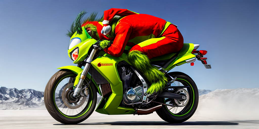 Realistic Grinch riding a sport motorcycle, 3D, Christmas background