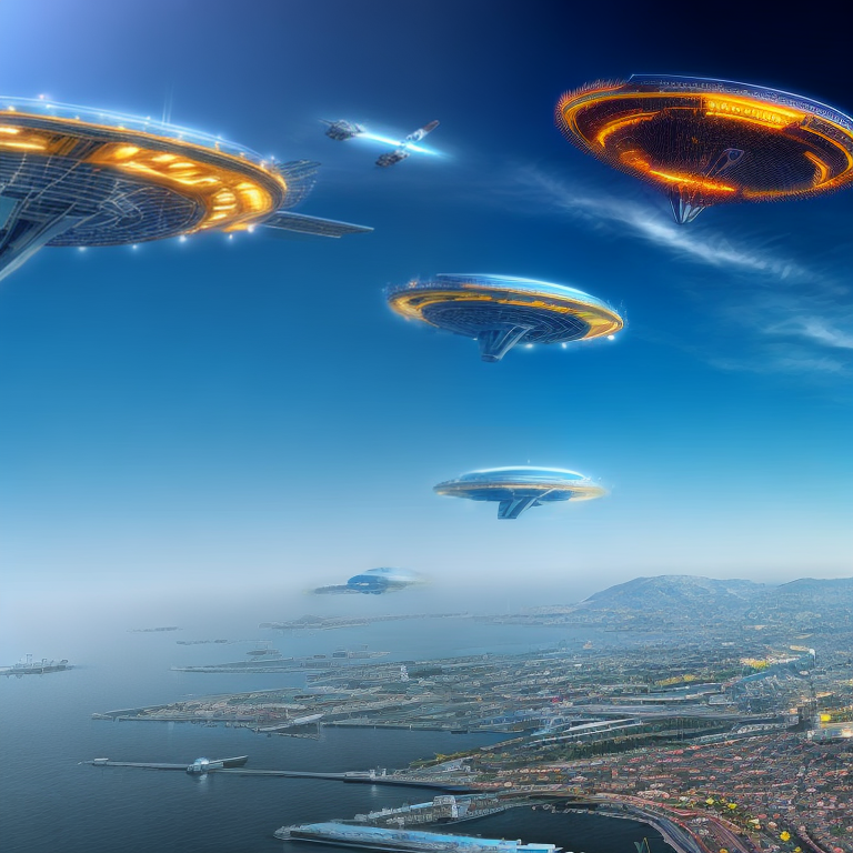 advanced alien civilization, semi-aerial view, busy city, flying ...