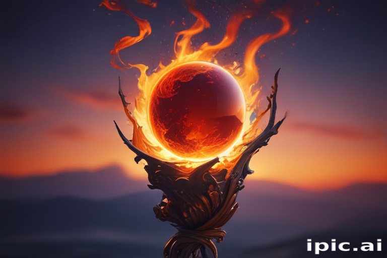Fiery Orb of Power Resting on an Elaborate Golden Stand at Dusk