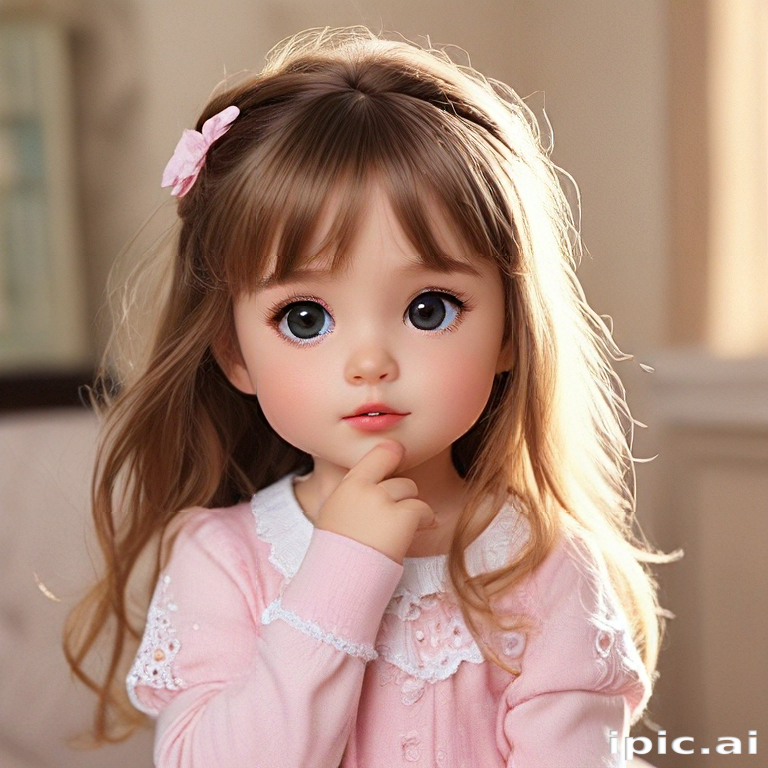 Adorable Childlike Doll with Long Hair and Thoughtful Expression in ...