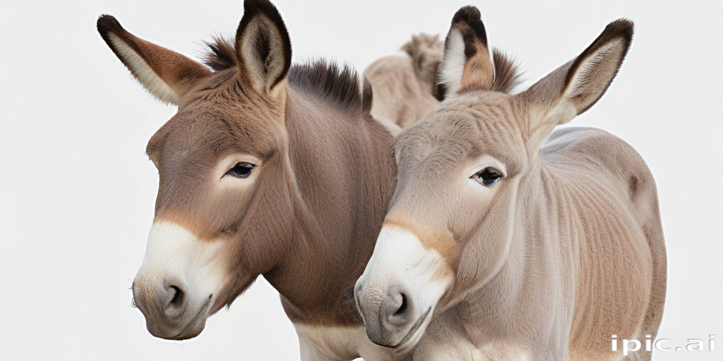 Two Beautiful Donkeys Standing Together Against a Simple White Background