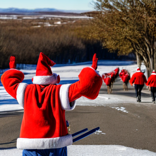 santa exercising with elves and reindeer in north pole