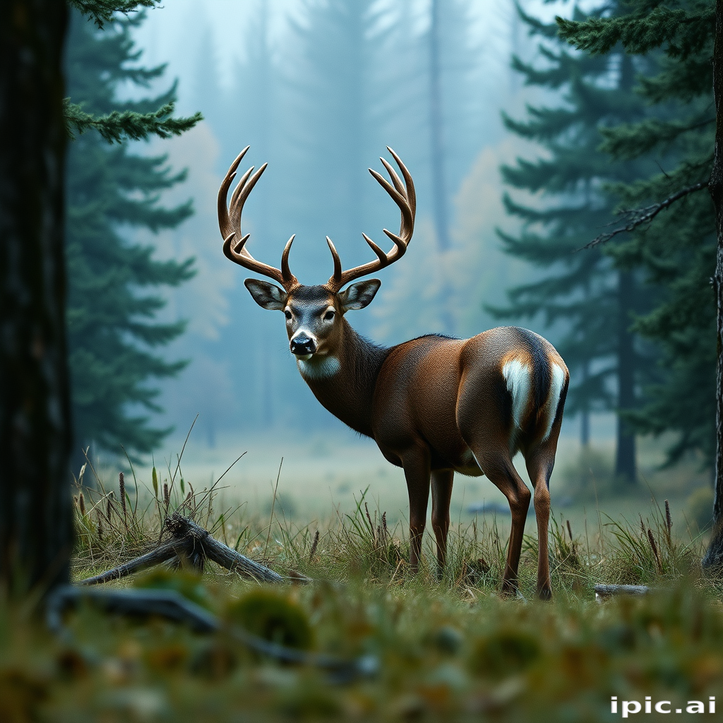 A Majestic Deer Standing Gracefully Amidst a Misty Forest Landscape.