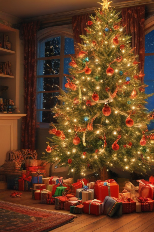 Cozy Christmas Scene Featuring a Beautifully Decorated Tree and Gifts