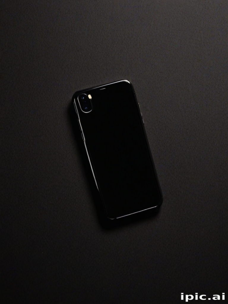 A Sleek Black Smartphone Resting on a Dark Textured Surface Background.