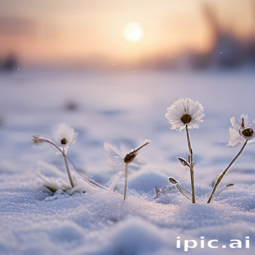 Delicate Winter Flowers Blooming Gently Amidst a Snowy Landscape at Sunset