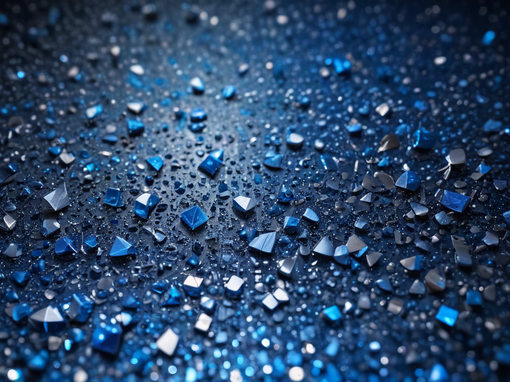 Glittering Blue Crystals and Water Droplets on a Dark Surface