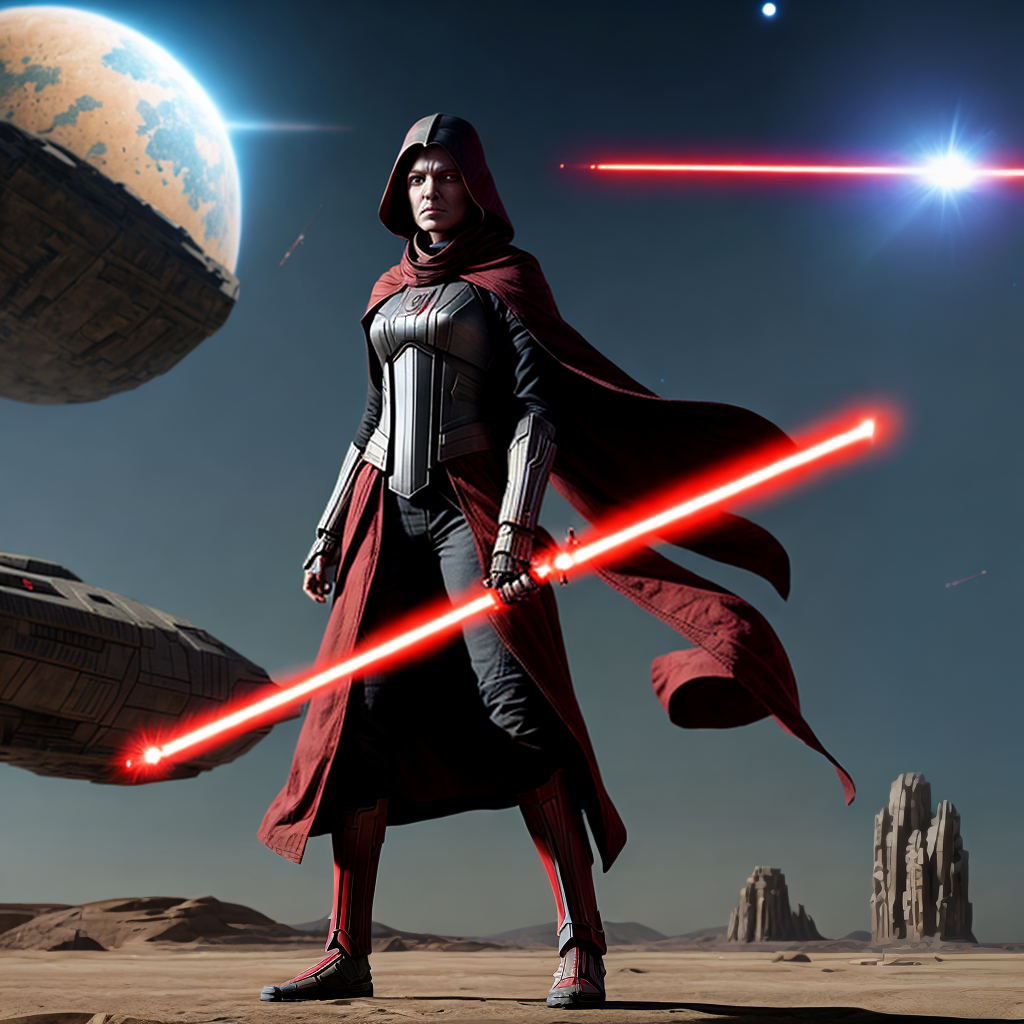 Female Sith with Red Lightsaber on a sandy planet with starship battle ...