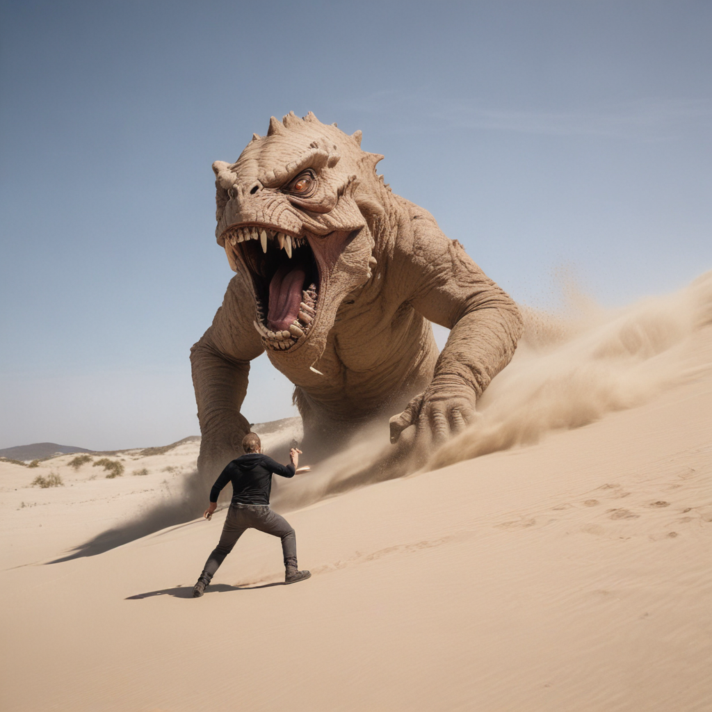 A man fighting a monster in the dunes