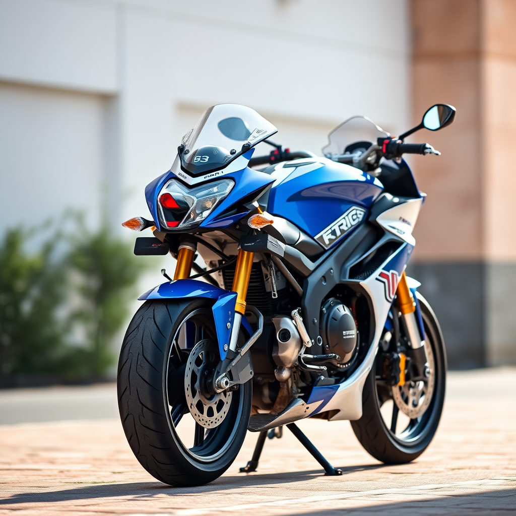A Stunning Blue Motorcycle Parked Elegantly Against a Modern Urban ...