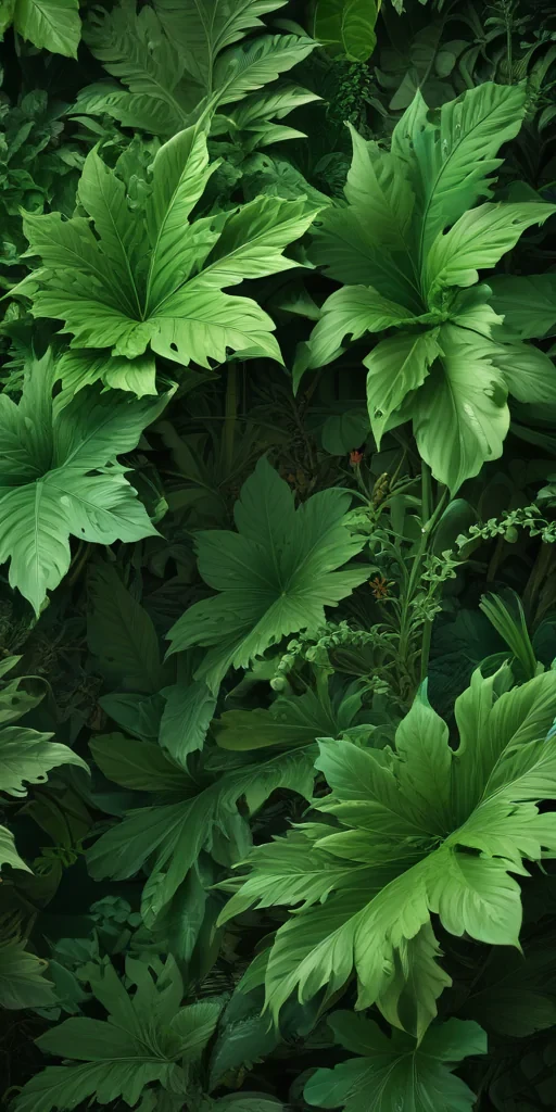 Lush Green Tropical Foliage with Vibrant Leaves and Natural Textures.