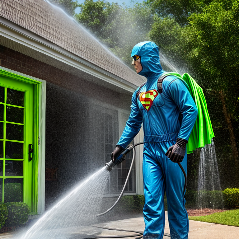 Super hero who is pressure washing a house. His suit has the letters ...