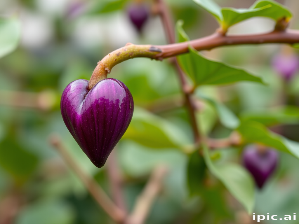 Heart-Shaped Purple Fruit Hanging Beautifully from a Green Plant Vine