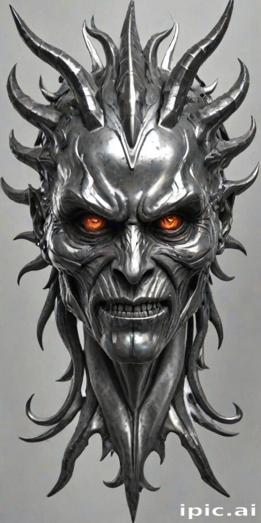 Intricate Metallic Demon Mask with Fiery Eyes and Spiked Features