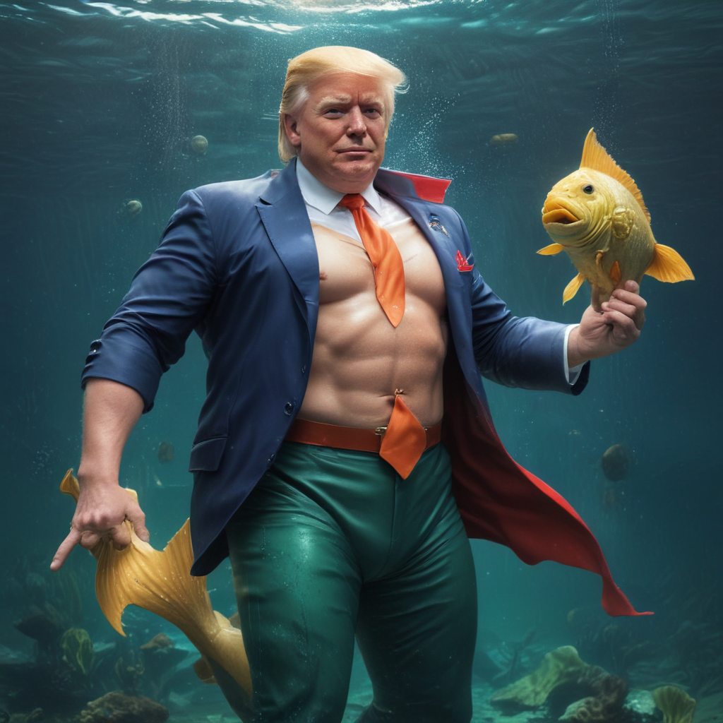 A cartoon stylized picture of Donald Trump as a super hero merman with ...