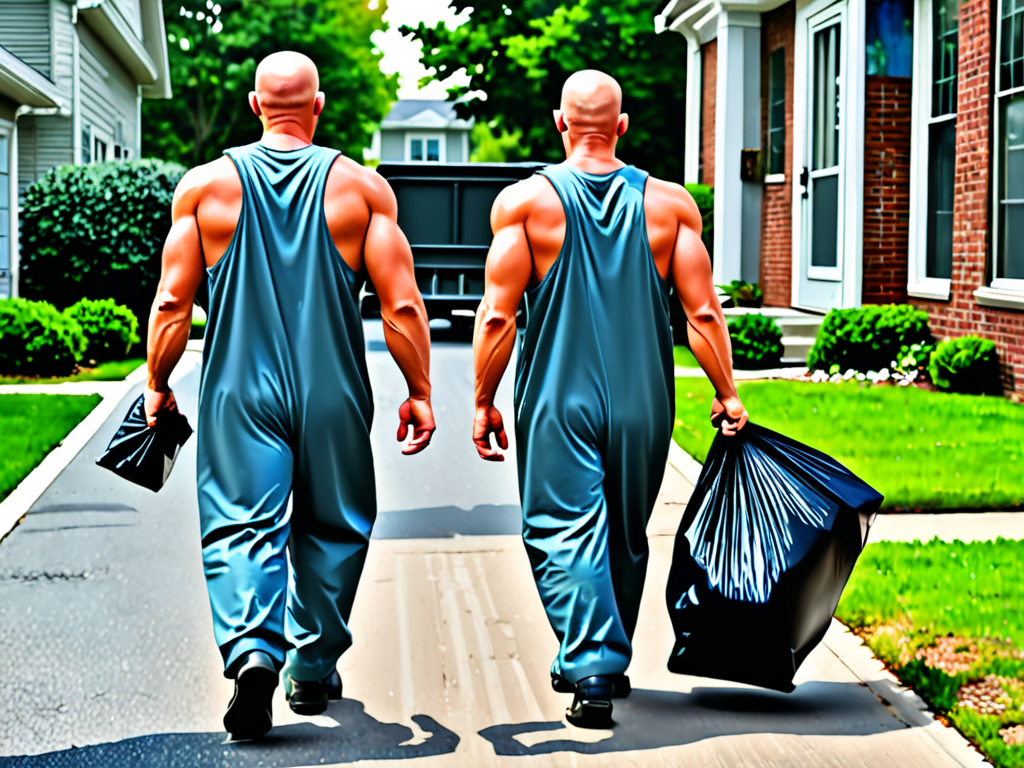 realistic handsome muscular bald garbagemen from behind carrying black ...