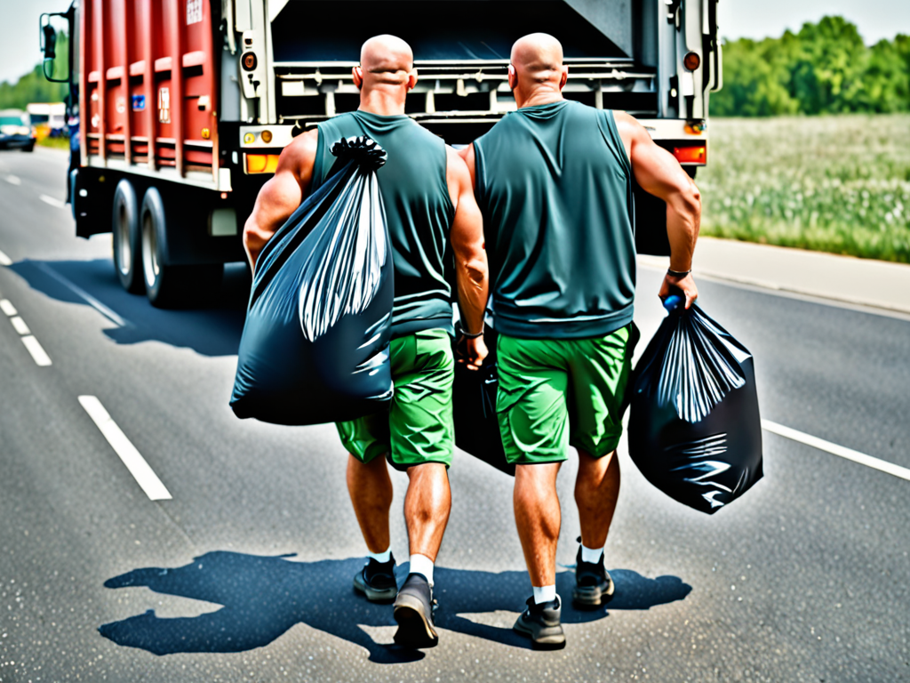 realistic handsome bald muscular garbagemen from behind carrying black ...