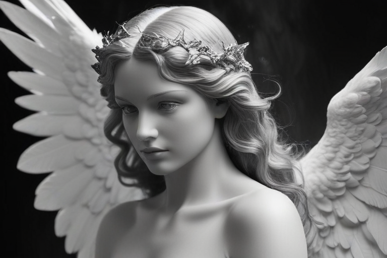 Serene Angelic Figure with Flowing Hair and Majestic Wings in Monochrome
