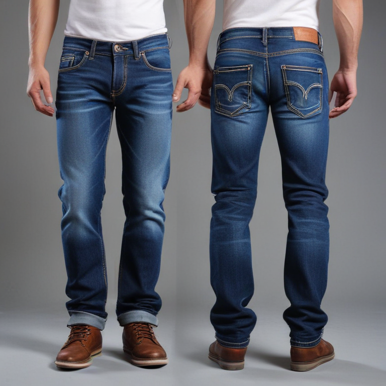 Stylish Men's Denim Jeans Showcasing Front and Back Views with Details