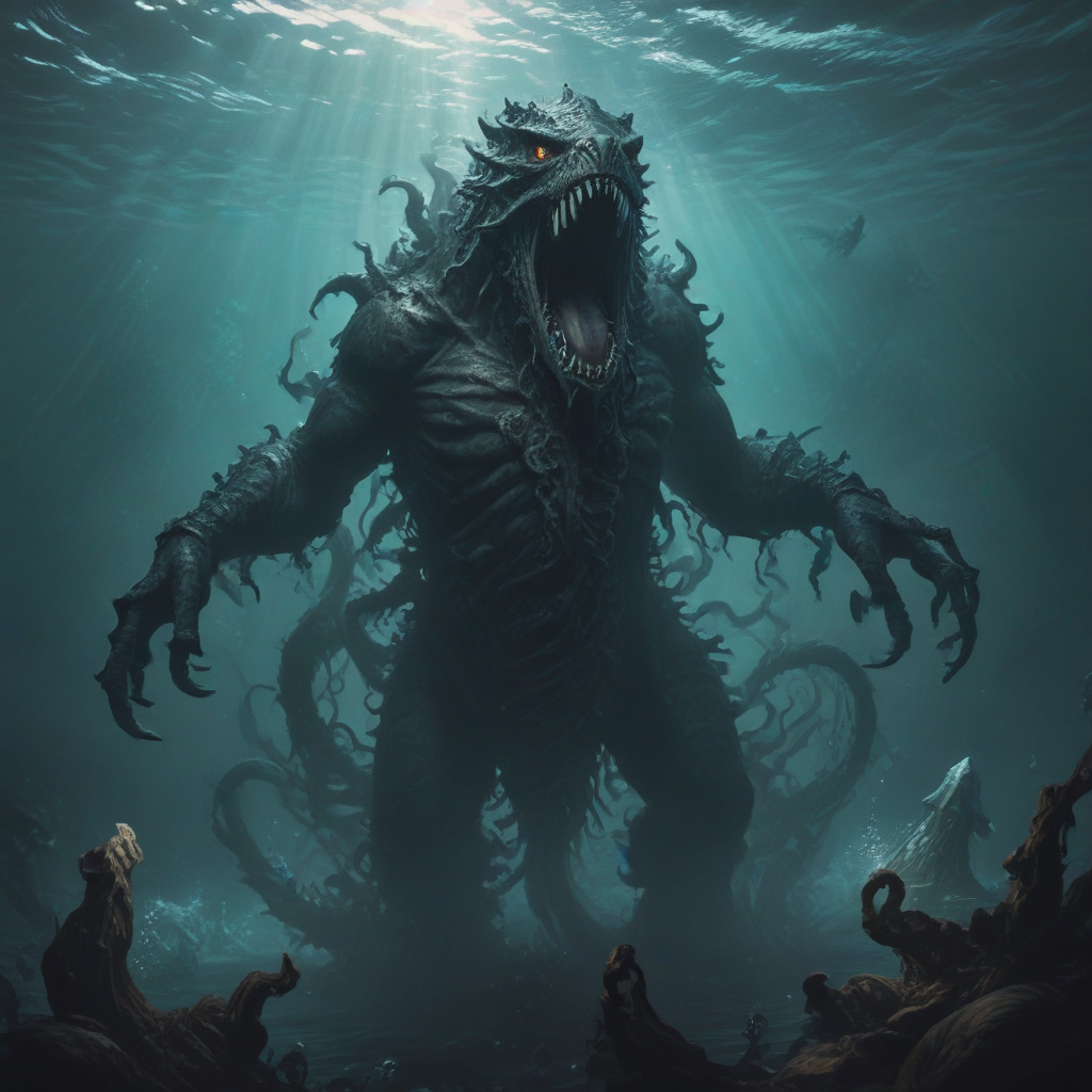 A dnd world on the high seas with a mysterious sea monster shadow under ...