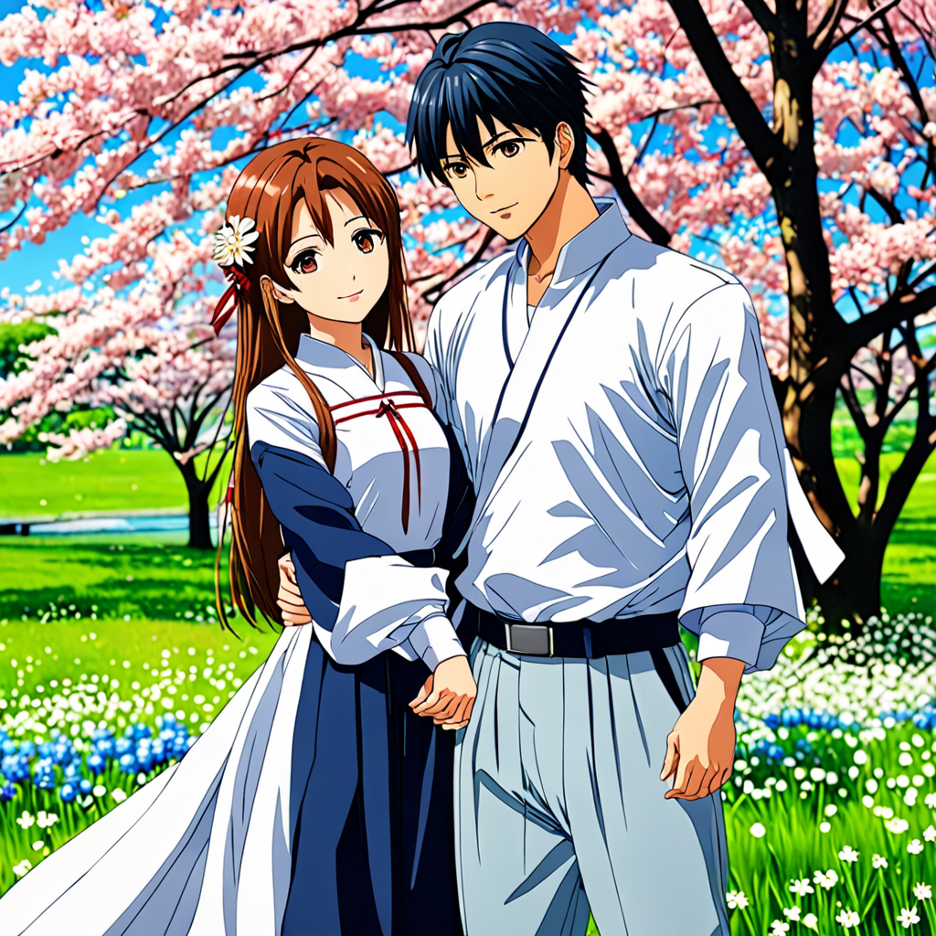 Anime couple with spring background