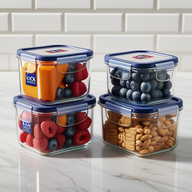 Colorful Assortment of Fresh Fruits and Snacks in Glass Storage Containers
