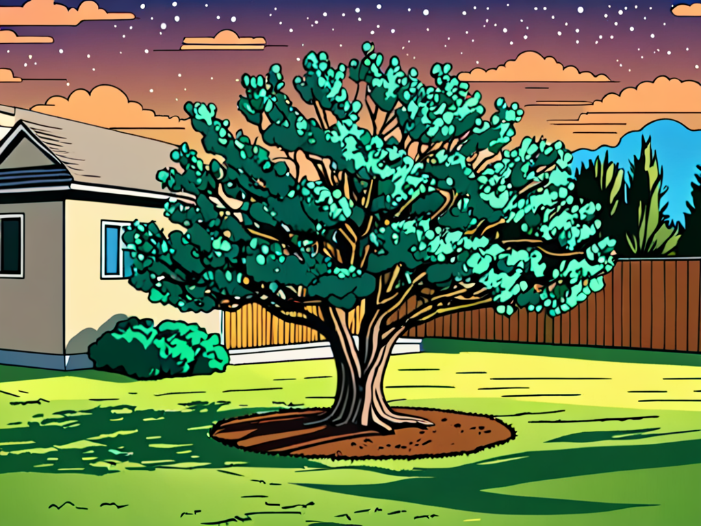 A lone tree in the center of a backyard. evening. Close view. Cartoon ...